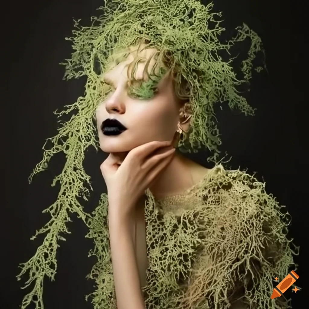 Fashion scientist with usnea hair and lichen dress on Craiyon