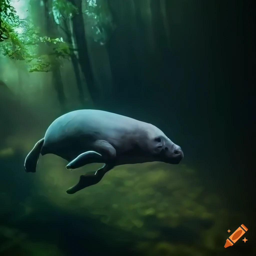 Manatee in a beautiful river in a forest with colorful background on ...