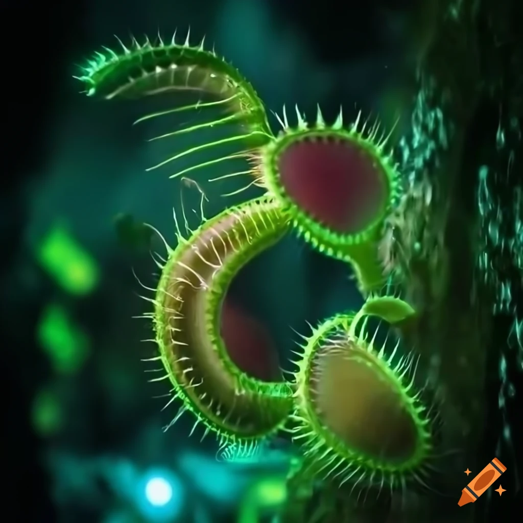 Glowing biopunk Venus flytrap creature in a moss-covered cityscape with cybernetic technology on ...