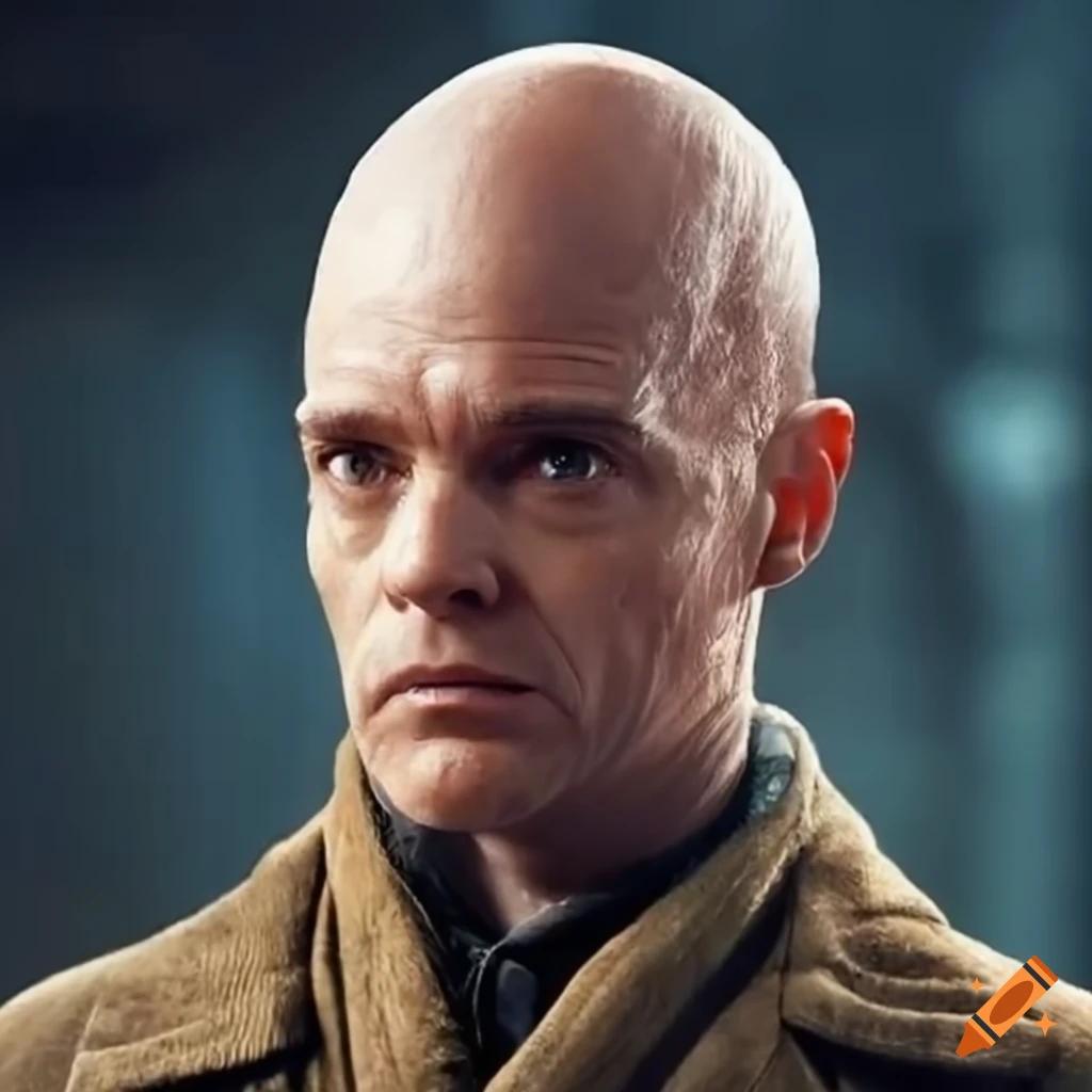 Middle-aged synthetic character looking nervous from an alien movie ...