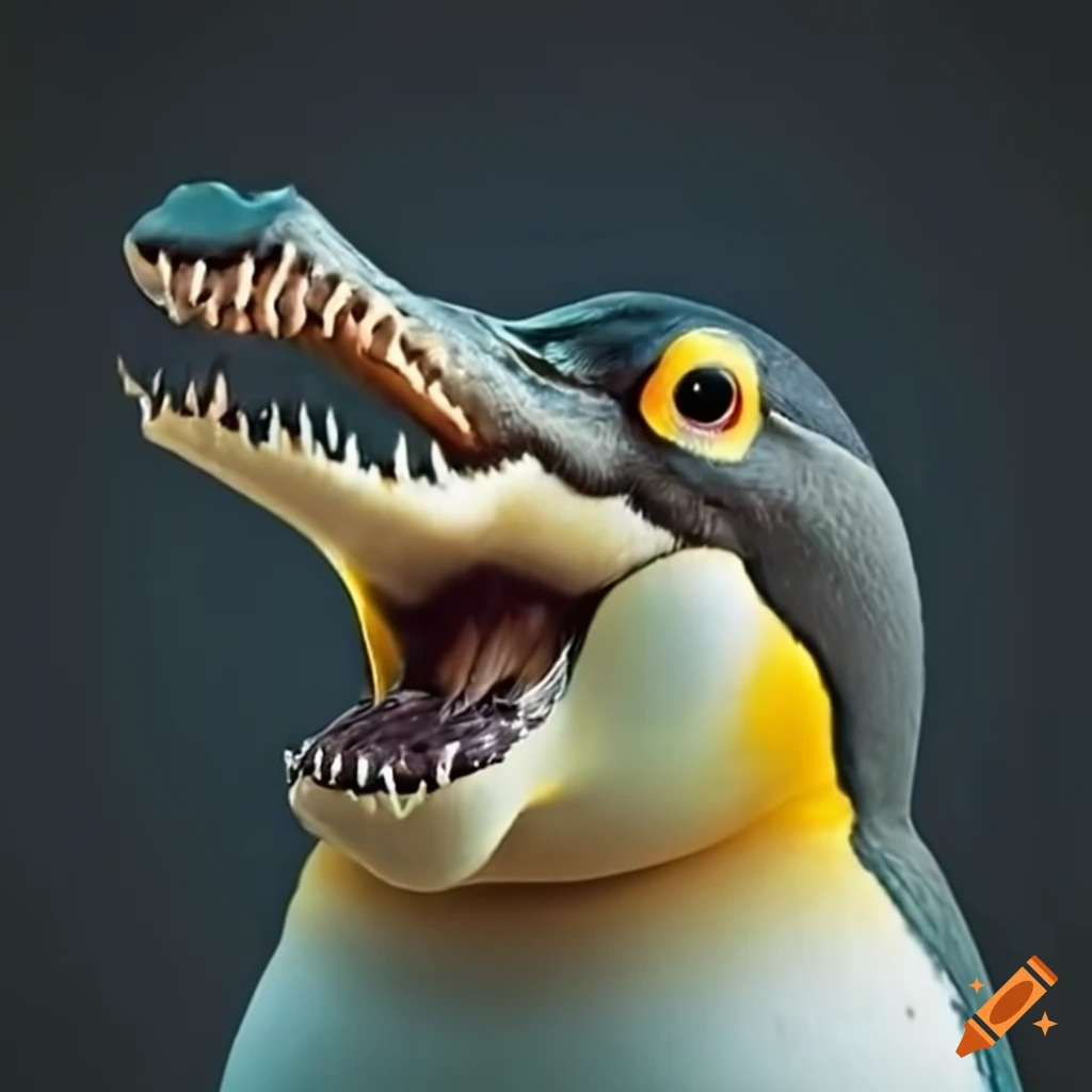 Penguin interacting with an alligator on Craiyon