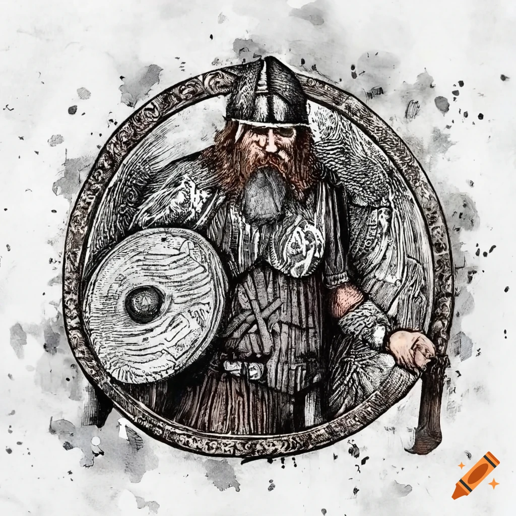 Carved wood engraving of a viking warrior with axe and shield on Craiyon