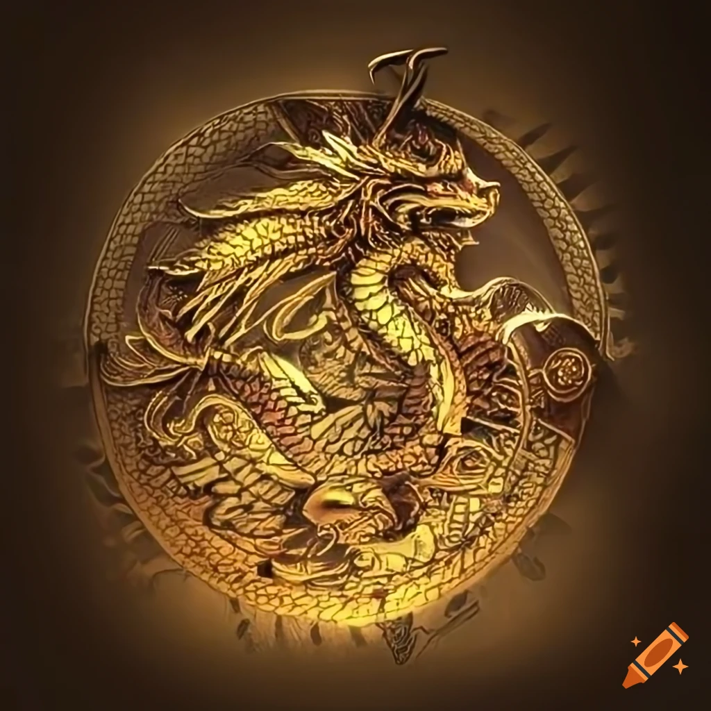 Aztec style dragon etched into gold plate in 8k resolution on Craiyon