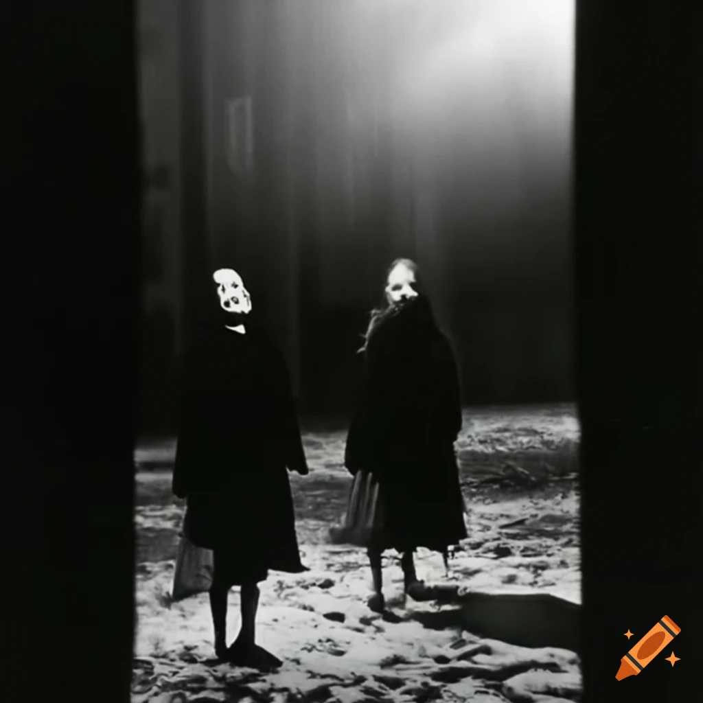 Snowy mirrors in a surreal black and white horror scene from 1970's ...