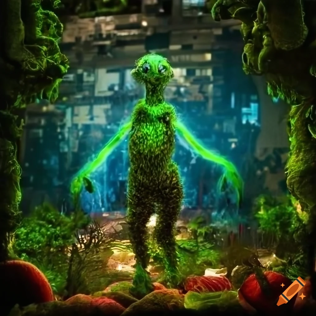 Glowing biopunk cityscape with green moss, plants, mushrooms, and ...