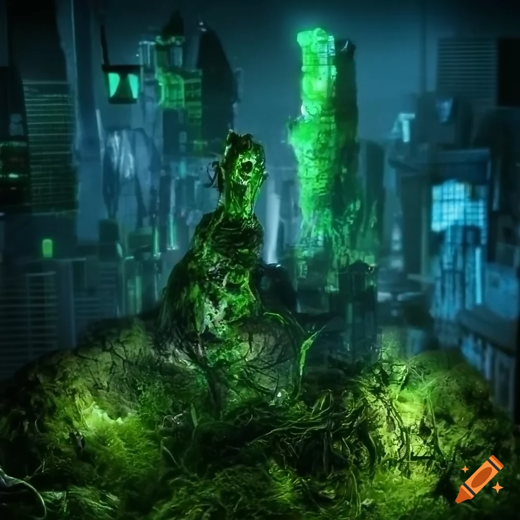 Glowing biopunk cityscape with mutant lemon fruit monsters and ...