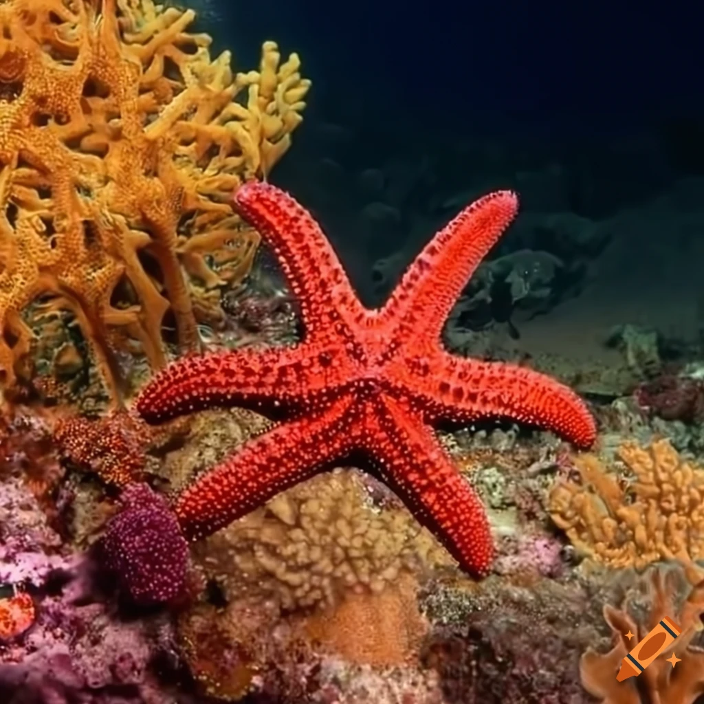 Red starfish surrounded by orange coral in a coral reef on Craiyon