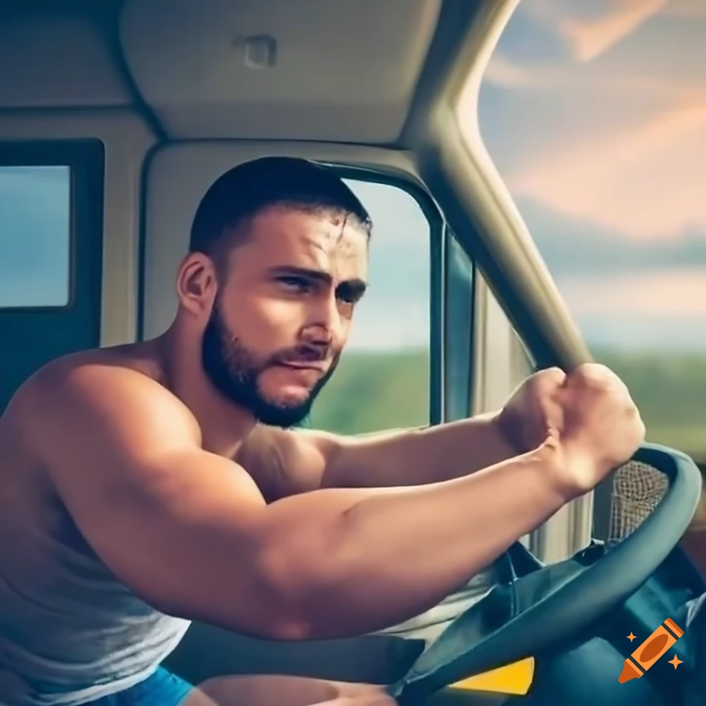 Muscular truck driver focused on the road while sitting behind the ...
