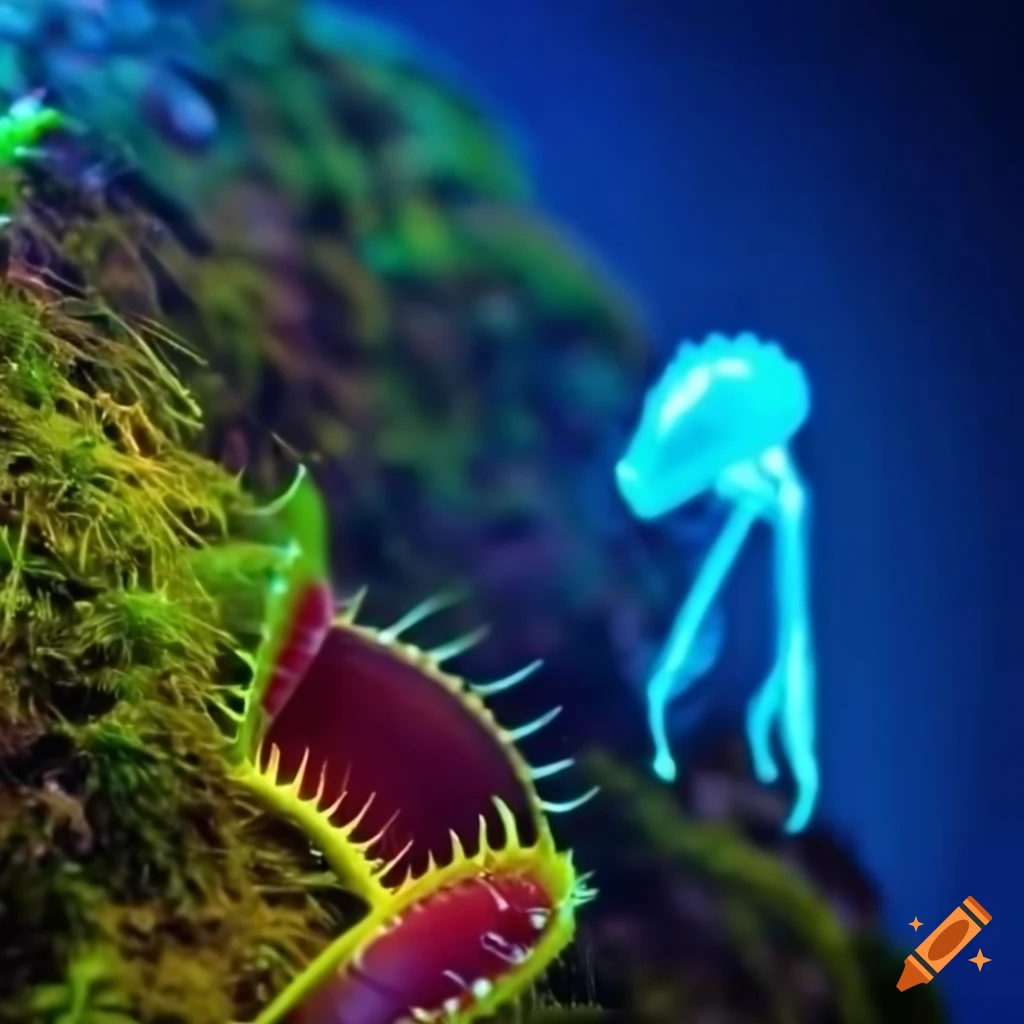 Glowing biopunk Venus flytrap creature in a moss-covered cityscape on Craiyon