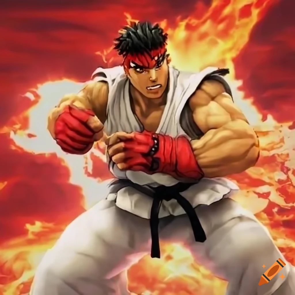 Ryu from street fighter in a dynamic pose with a fireball attack on Craiyon