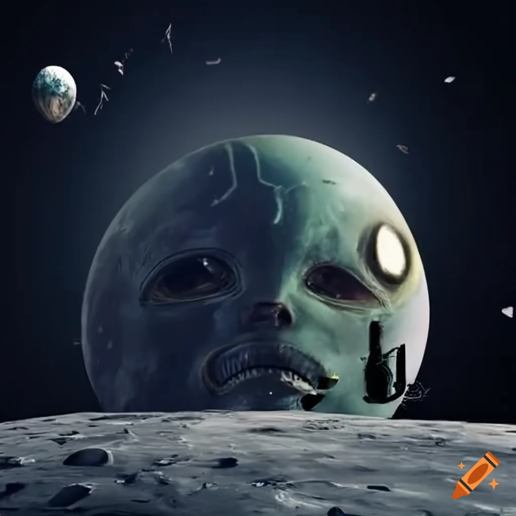 Alien teacher emerging from astronaut on lunar surface teaching pupils ...