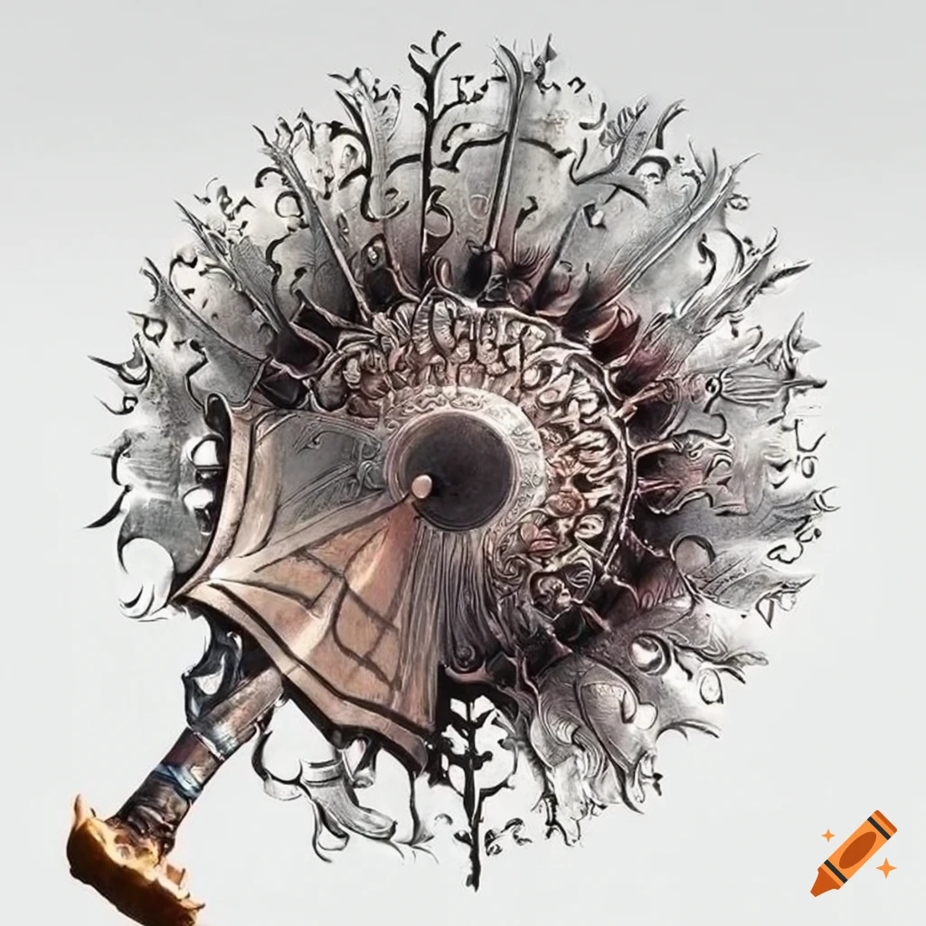 Ornate silver-bladed war fan on Craiyon