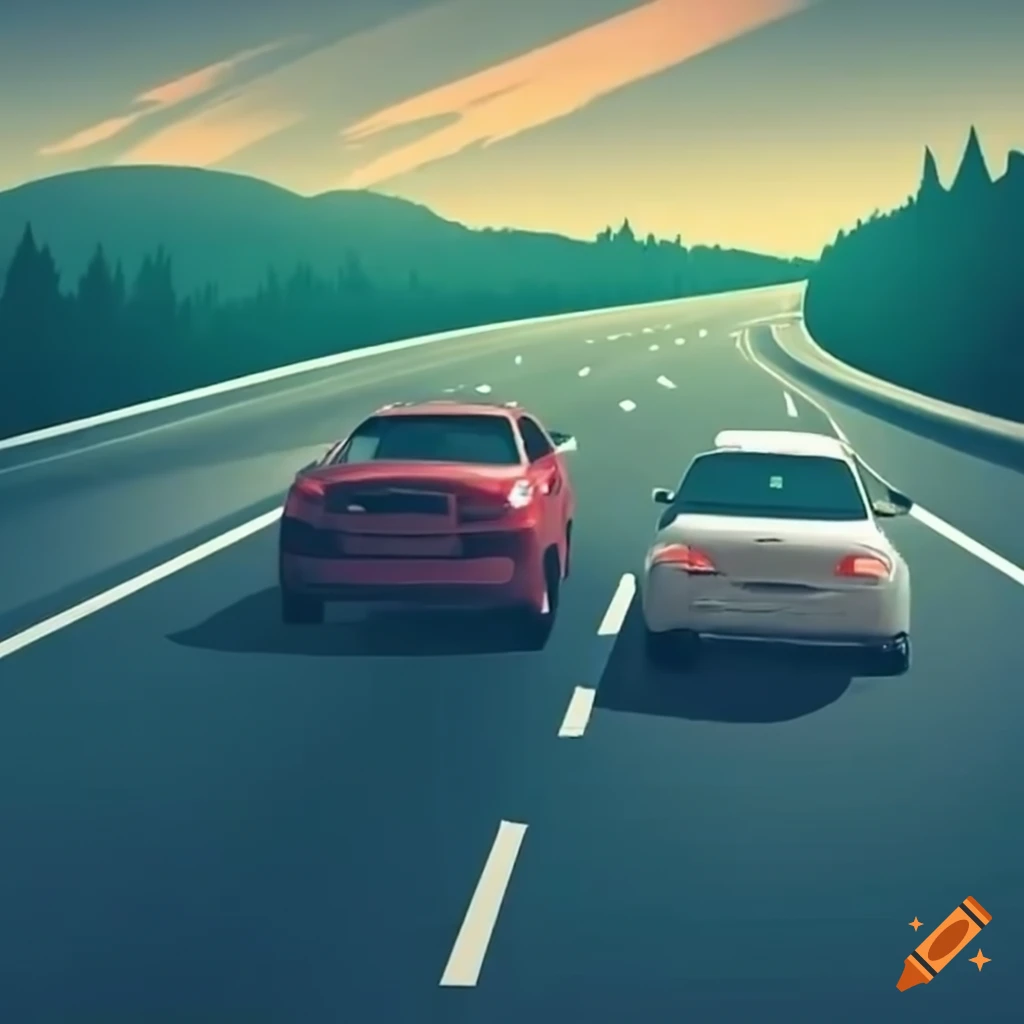 Two cars driving on a road on Craiyon