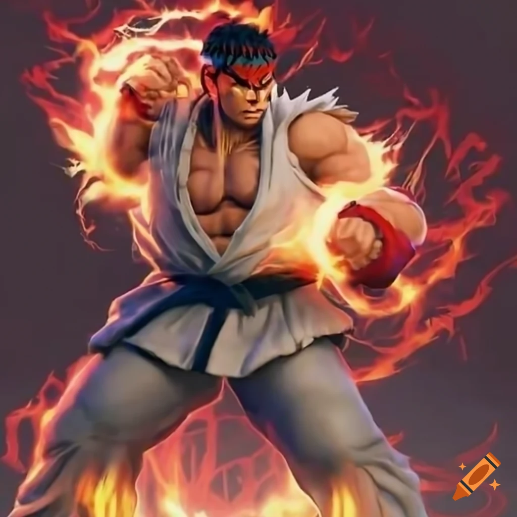 Ryu from street fighter in warrior pose with lightning fireball on Craiyon