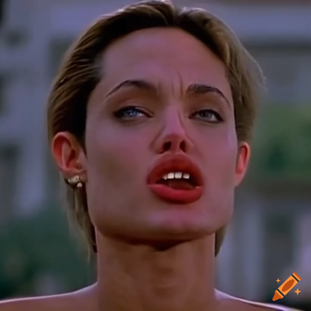 Angelina Jolie in a 90s movie scene captivated by a gorgeous man on Craiyon