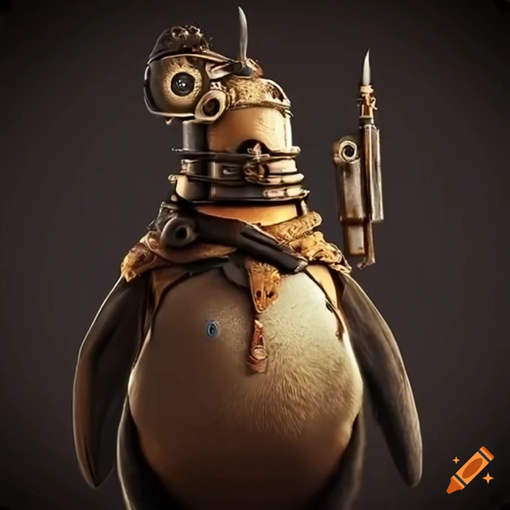 Steampunk penguin in a mad max style environment on Craiyon