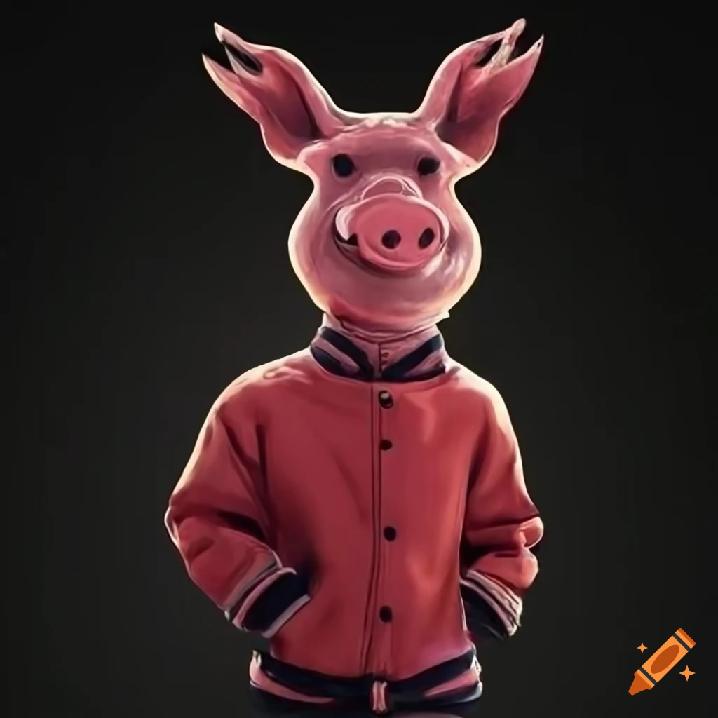 Anthropomorphic evil pig in a baseball jacket on Craiyon