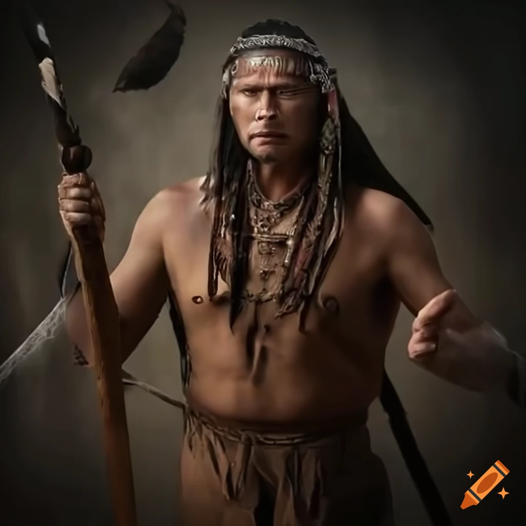 Impressive portrait of a Native American warrior with staff and hunting ...