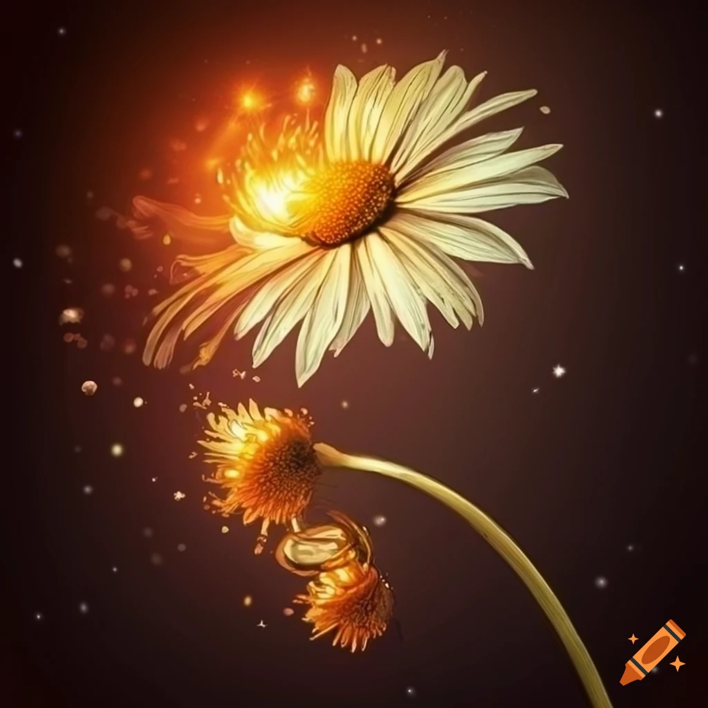 Botanical illustration of a blooming fiery gold flower with starry ...