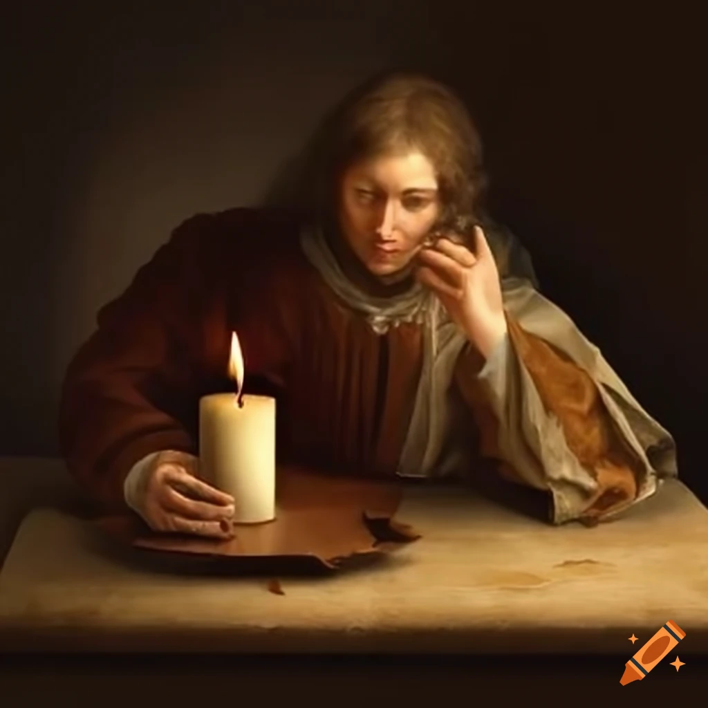Renaissance scholar immersed in reading by candlelight on Craiyon