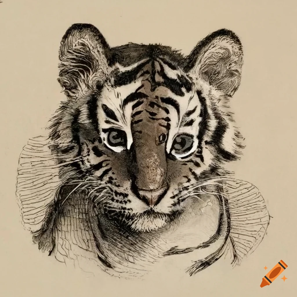 1800s pen and ink etching of a tiger cub on Craiyon