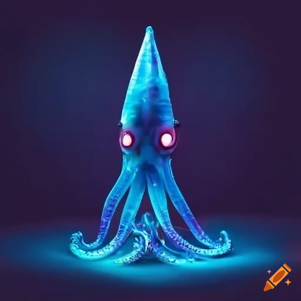 Glowing squid creature playing drums at a rock performance on Craiyon