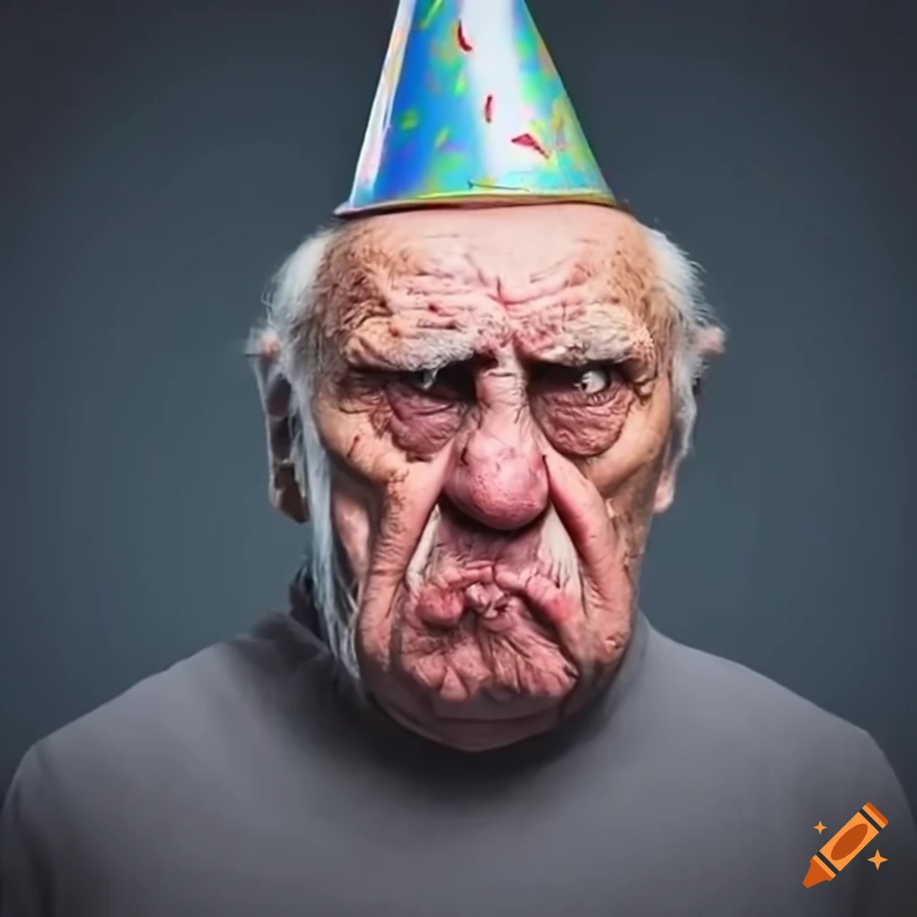 Surly elder man with a grumpy expression on his birthday on Craiyon