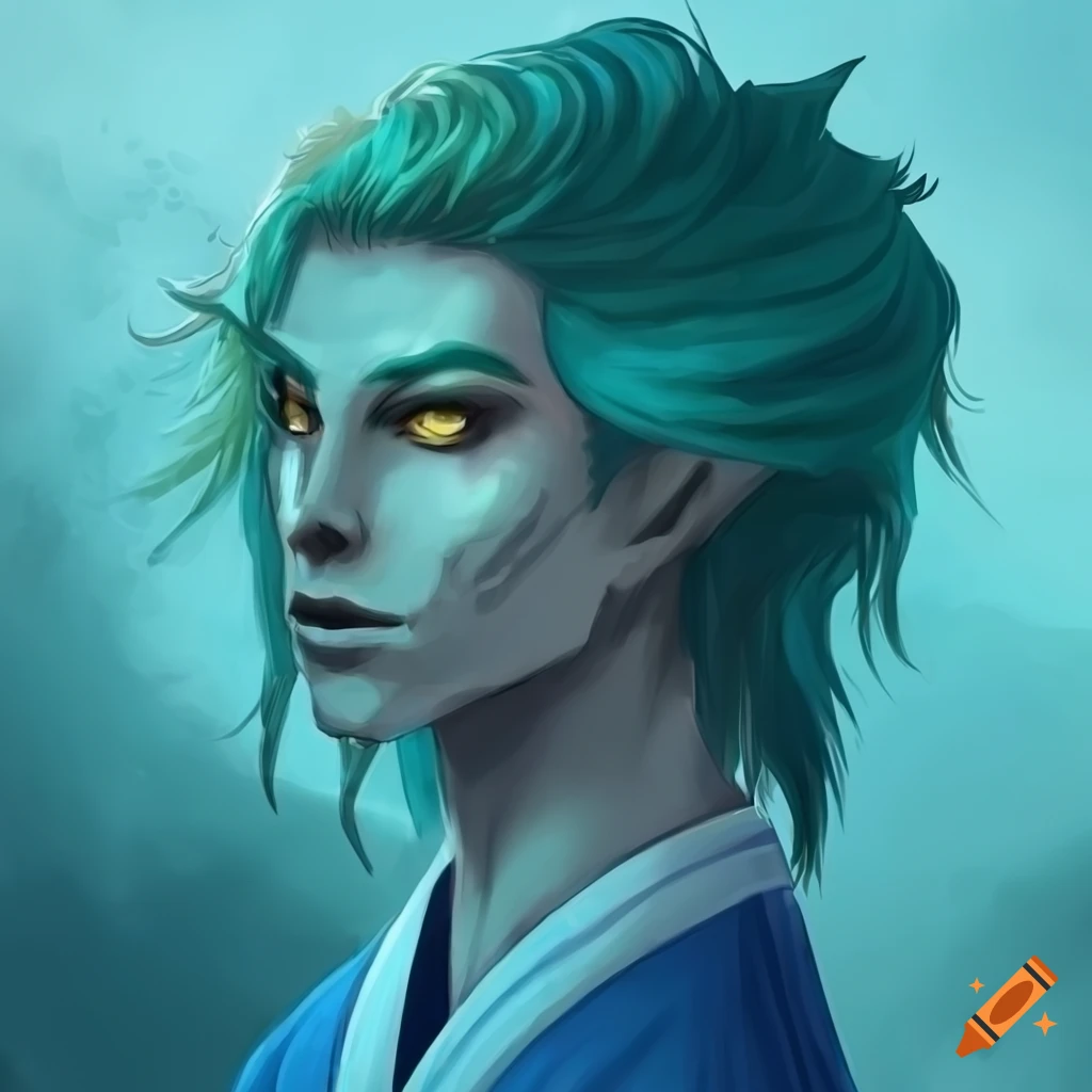 Side profile of a male Triton from Dungeons and Dragons in blue kimono ...
