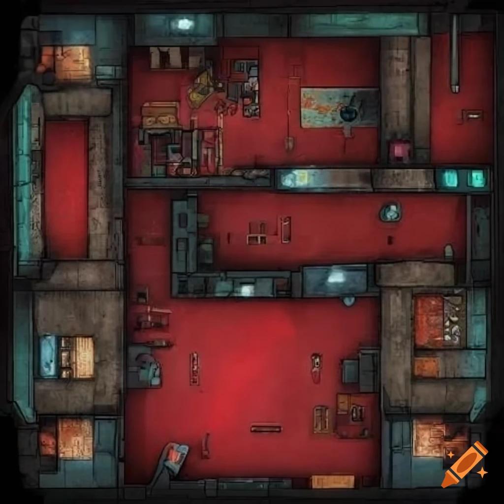 Top-down basement floor battlemap for cyberpunk red ttrpg in a ...