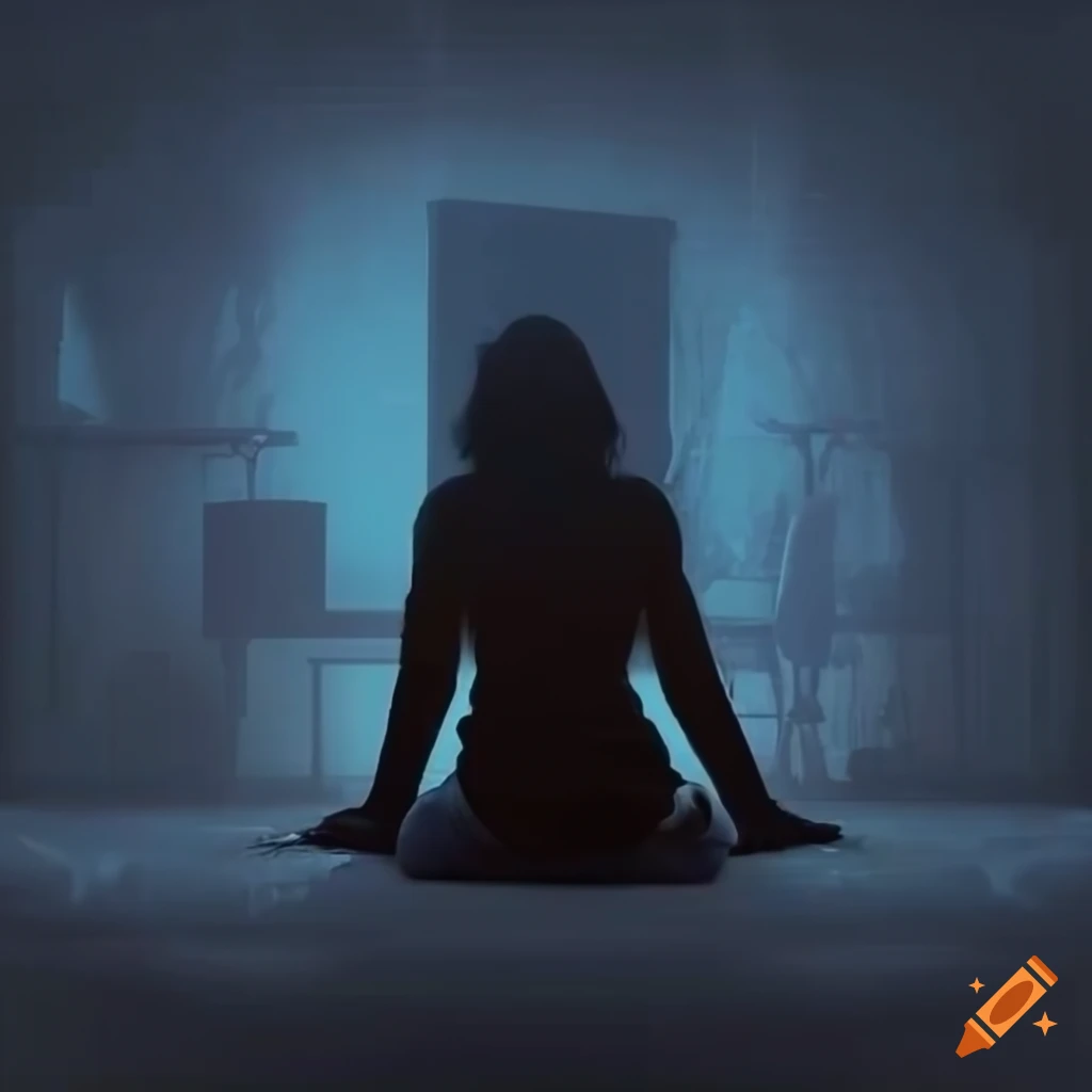 Woman silhouette facing demon inside desktop monitor in eerie room on ...