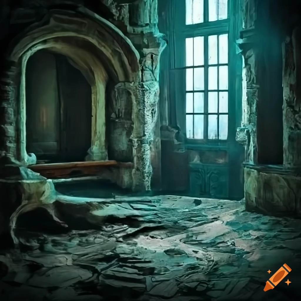 Decrepit castle interior with no lights on Craiyon