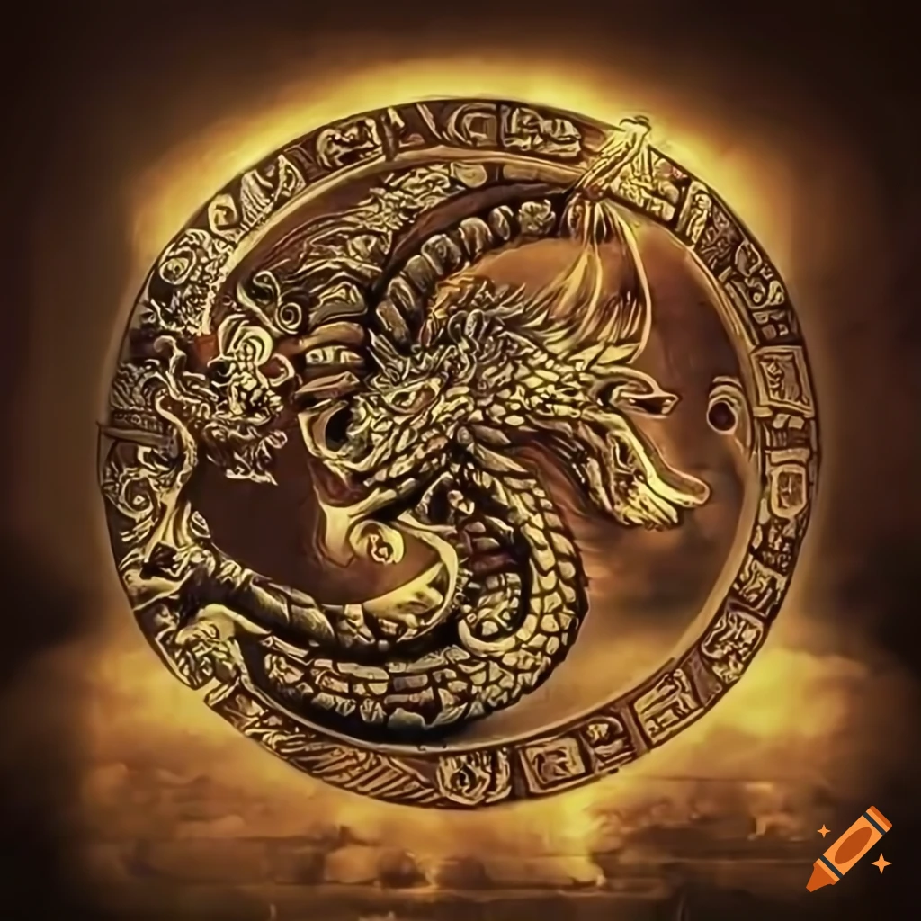 Aztec style dragon etched into gold plate in 8k resolution on Craiyon