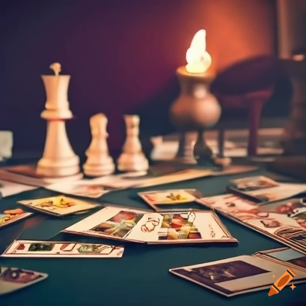 Chess and tarot cards on a table on Craiyon