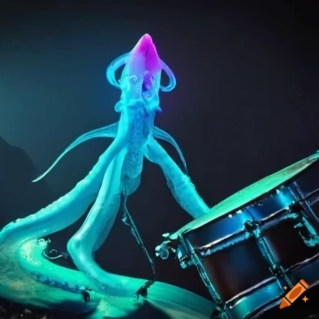 Otherworldly live music performance with a glowing squid playing drums ...