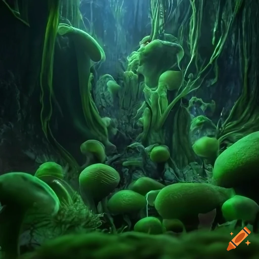 Glowing biopunk cityscape with green moss, plants, mushrooms, and ...