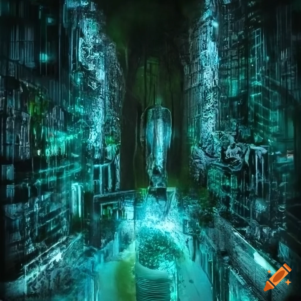 Glowing biopunk cityscape with green moss, plants, mushrooms, crystals ... Glowing biopunk cityscape with green moss, plants, mushrooms, crystals ...
