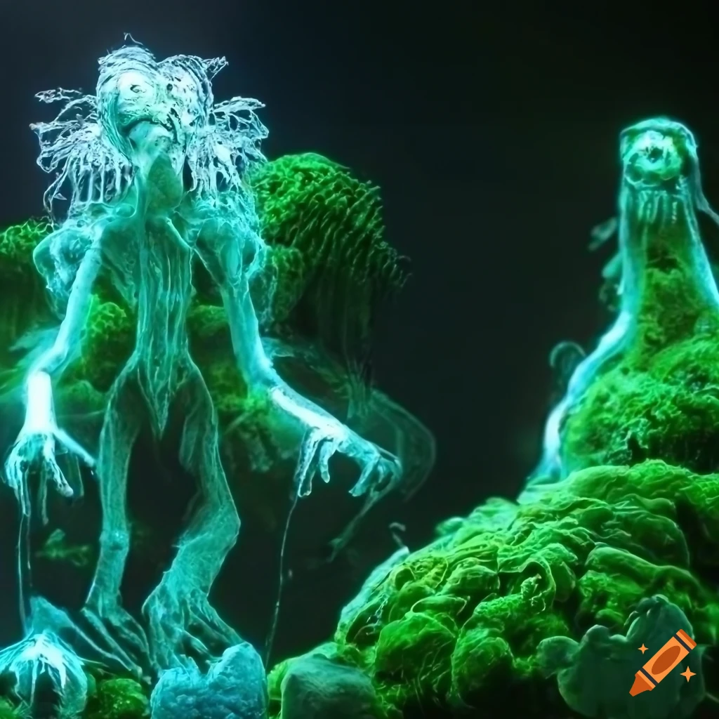 Glowing biopunk cityscape with green moss, plants, mushrooms, and ...