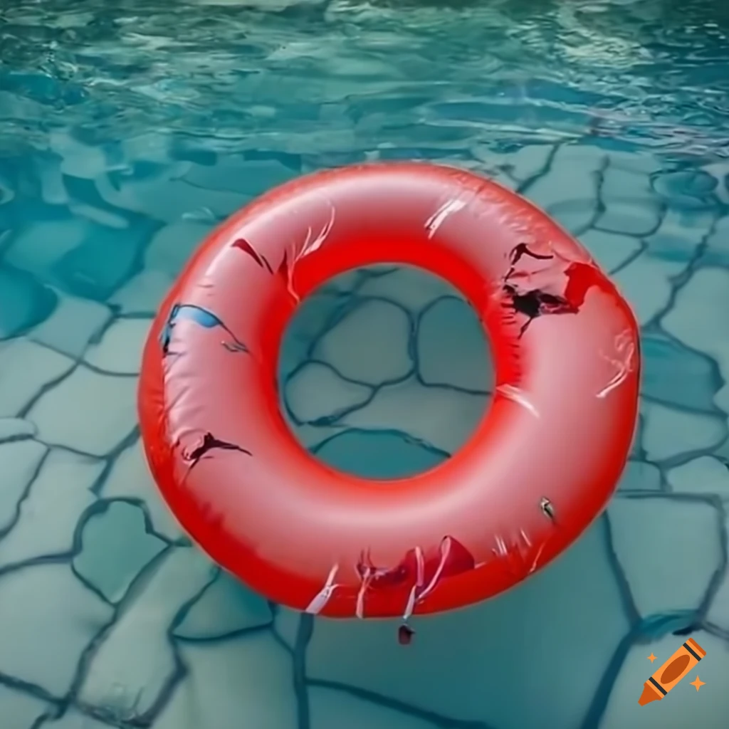 Damaged red inflatable ring in a pool with clear water on Craiyon