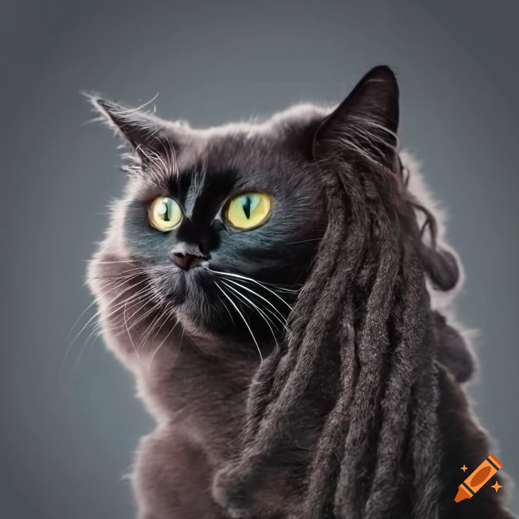 Black cat with long dreadlocked fur on Craiyon