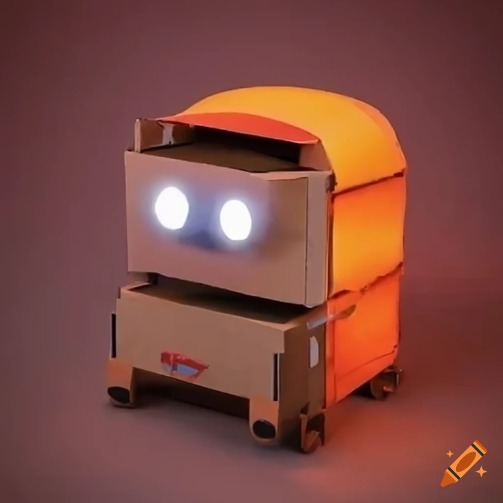 Pizza box transformed into a functional robot in a diy project on Craiyon