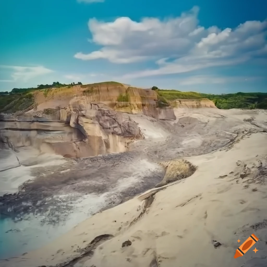 Empty sand quarry with sun-kissed hills and blue water on Craiyon