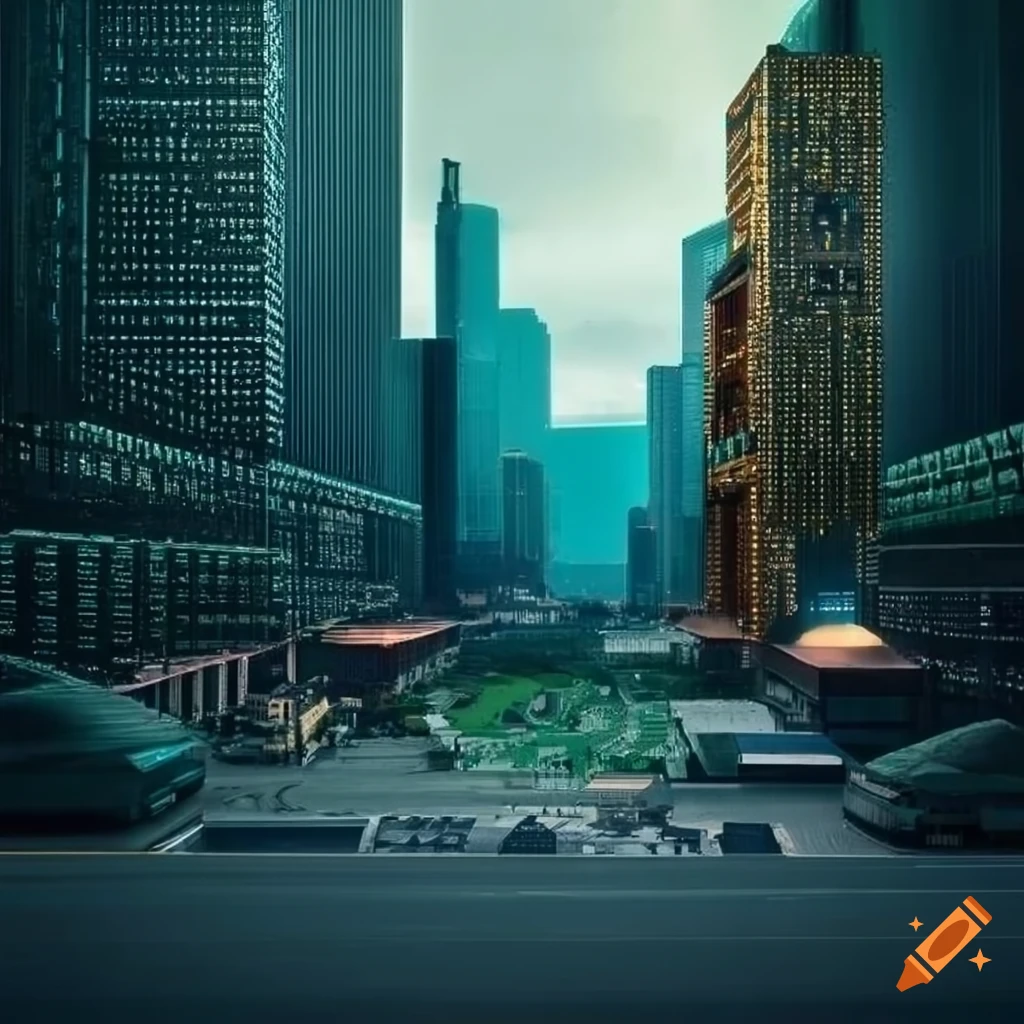 View of a street in a landscape made of computer chips and circuit ...