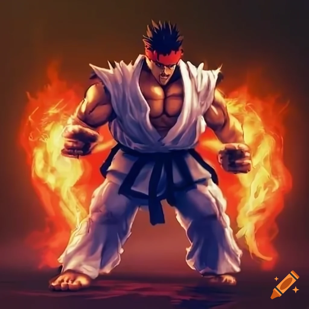 Ryu performing fireball and lightning moves in street fighter on Craiyon
