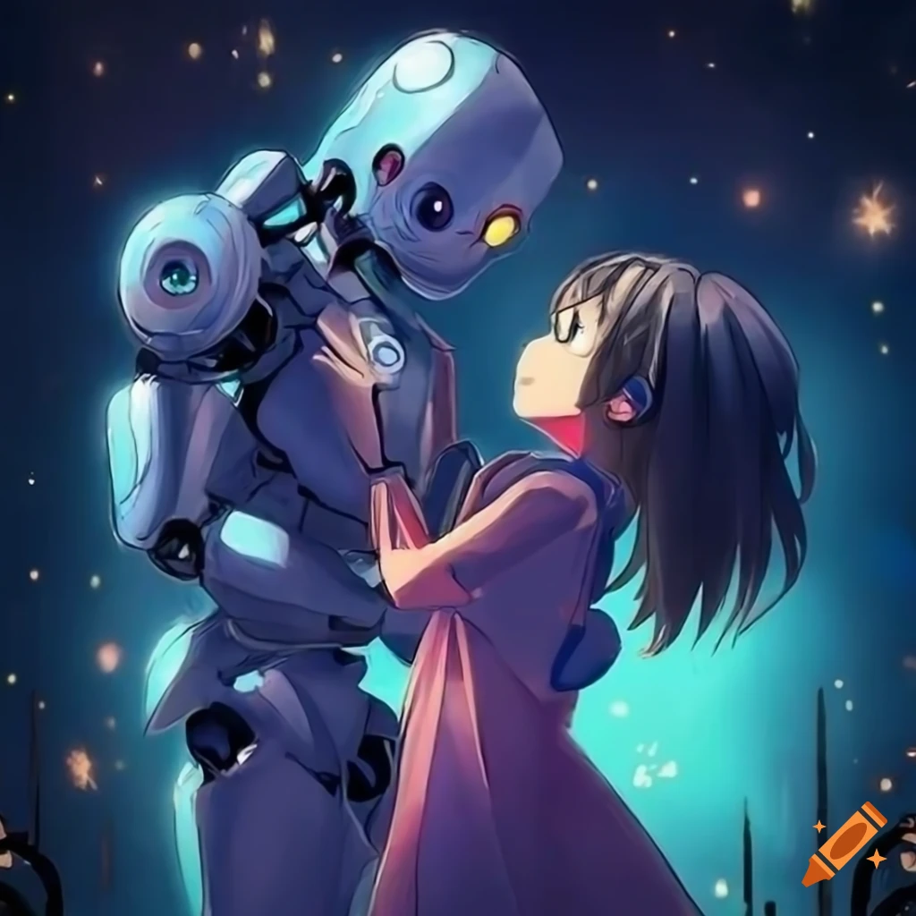 Robot man and girl admiring the night view in an anime painting on Craiyon