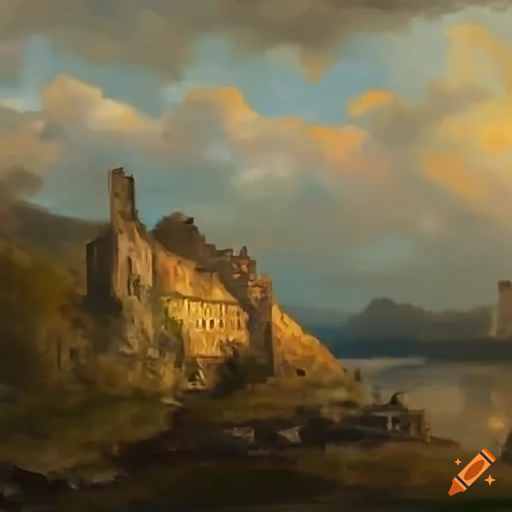 Medieval town ruins on a hill with wooden ramparts and houses on Craiyon