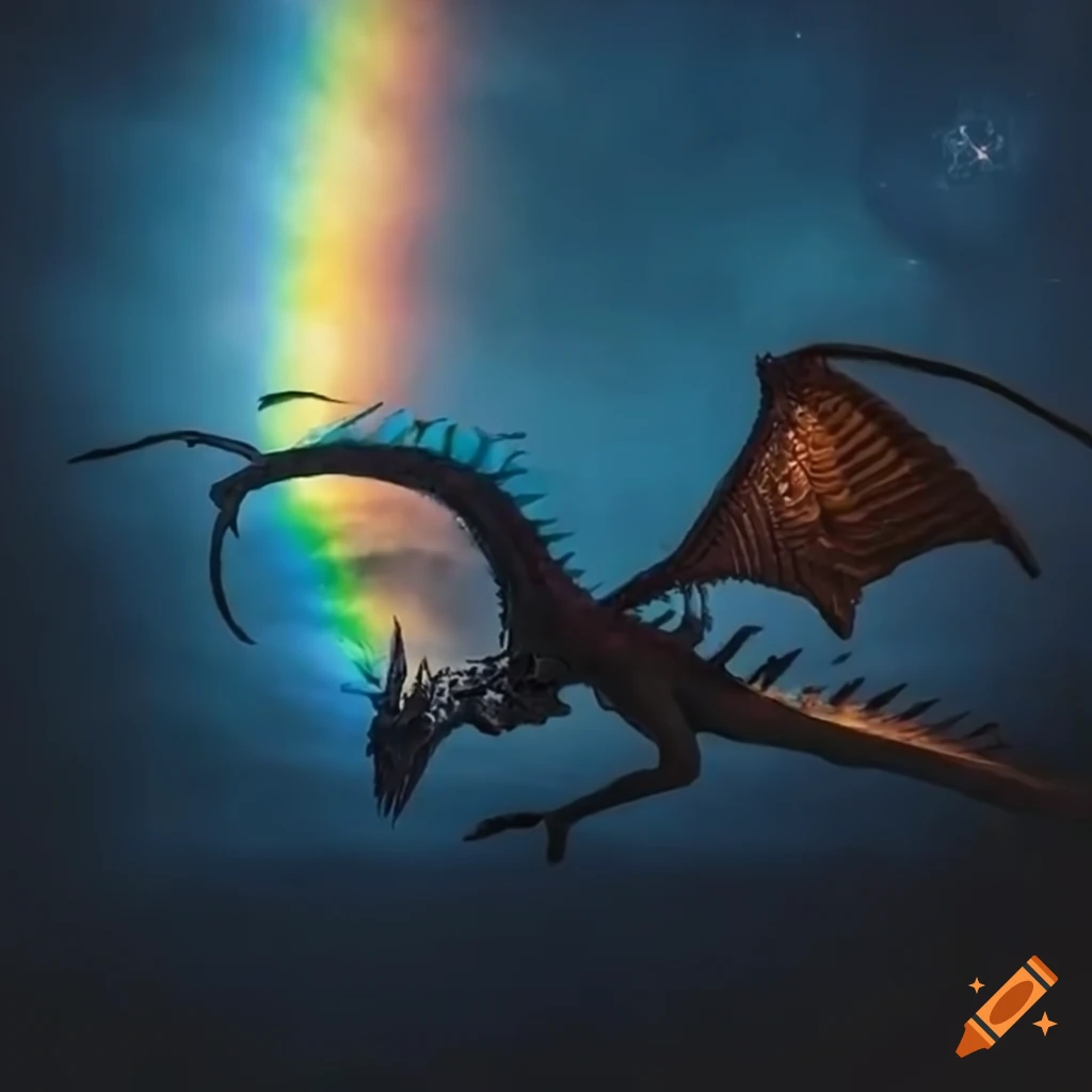 Ethereal scene of dragons flying above a starry ocean with a rainbow ...