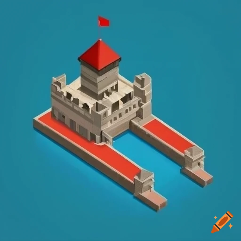 Isometric fortress with blue granite walls, three towers, and a moat ...