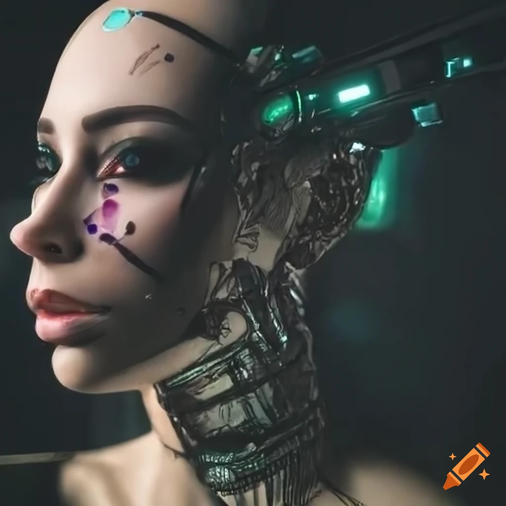 Female cyborg goddess with human-cybernetic features in a cyberpunk ...