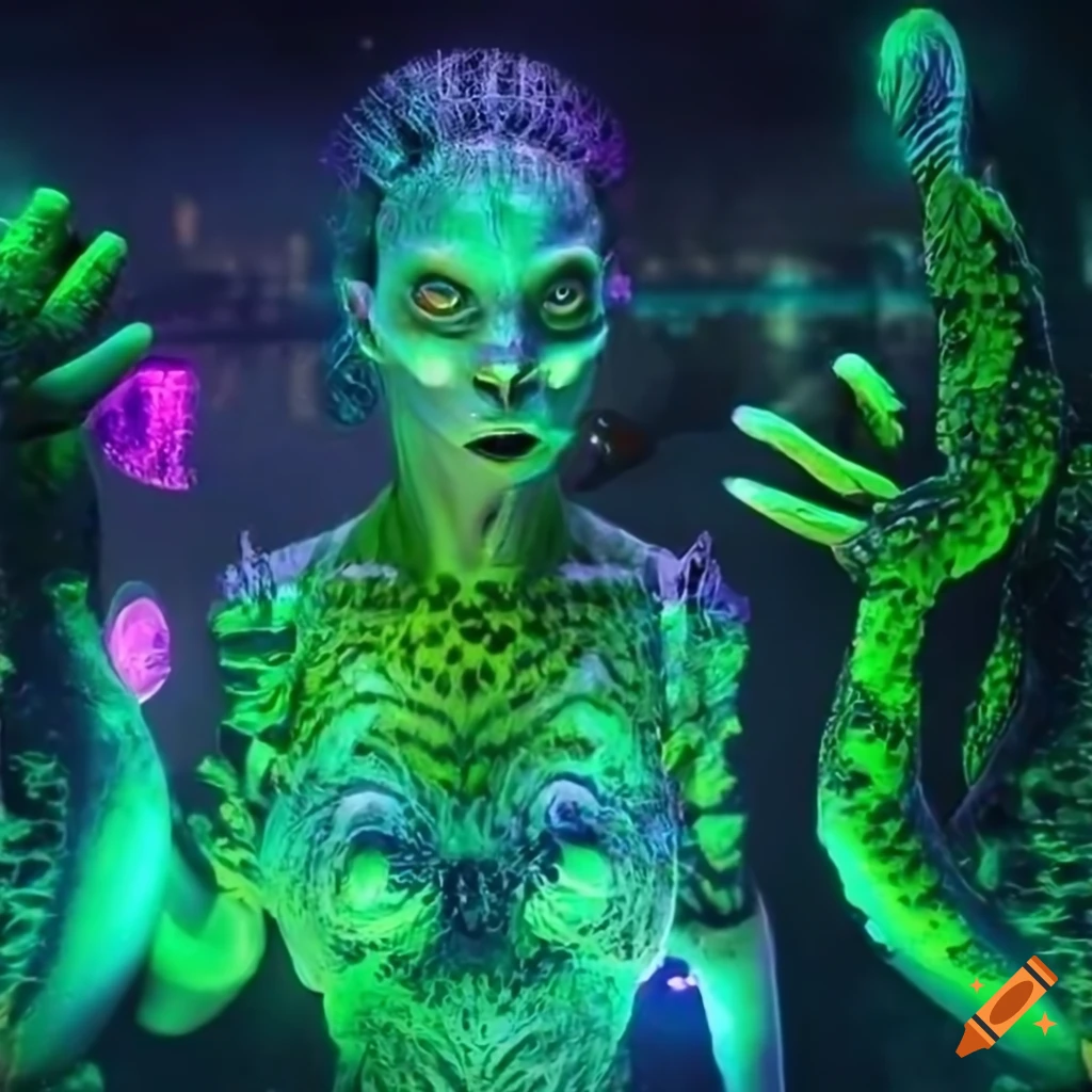 Glowing biopunk cityscape with plants, mushrooms, and mythical creature ... Glowing biopunk cityscape with plants, mushrooms, and mythical creature ...