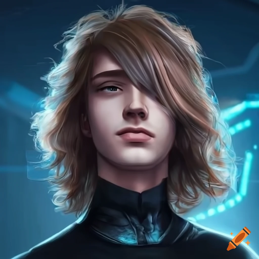 Futuristic college student with long brown hair in silver academy ...